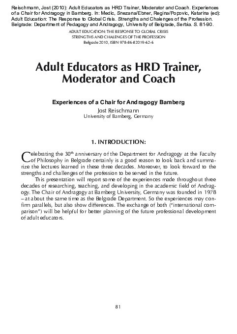 (PDF) Adult Educators as HRD Trainer, Moderator and Coach. Experiences ...