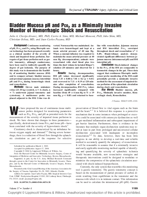 (PDF) Bladder Mucosa pH and Pco2 as a Minimally Invasive Monitor of ...