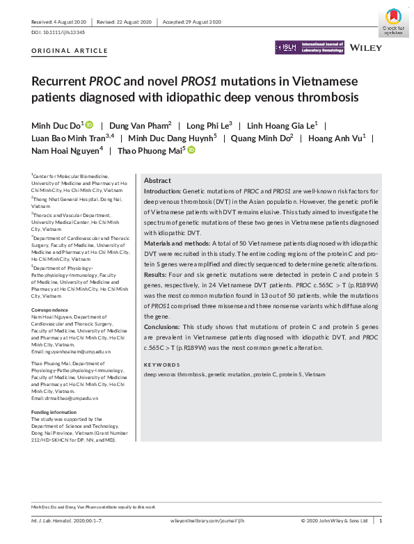 (PDF) Recurrent PROC and novel PROS1 mutations in Vietnamese patients ...