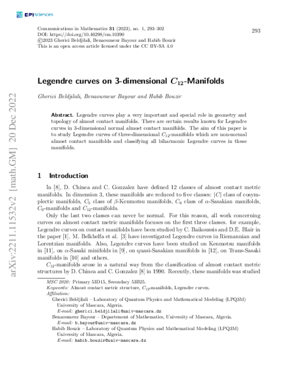 (PDF) Legendre curves on 3-dimensional $C_{12}$-Manifolds