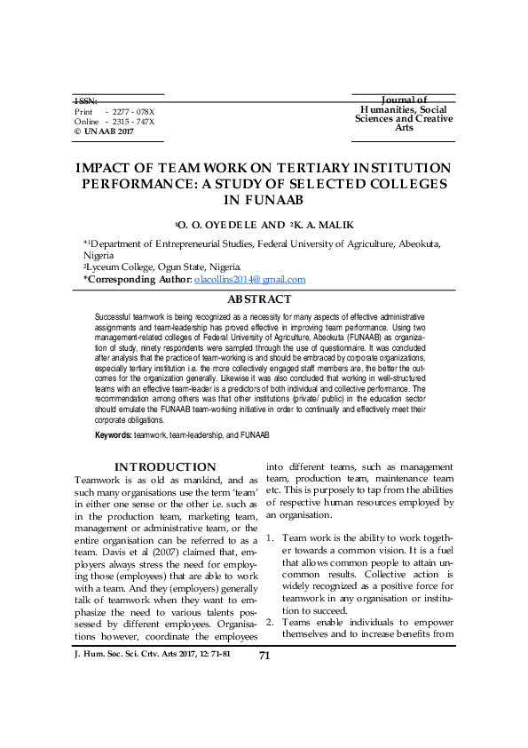 (PDF) Impact of Team Work on Tertiary Institution Performance: A Study ...
