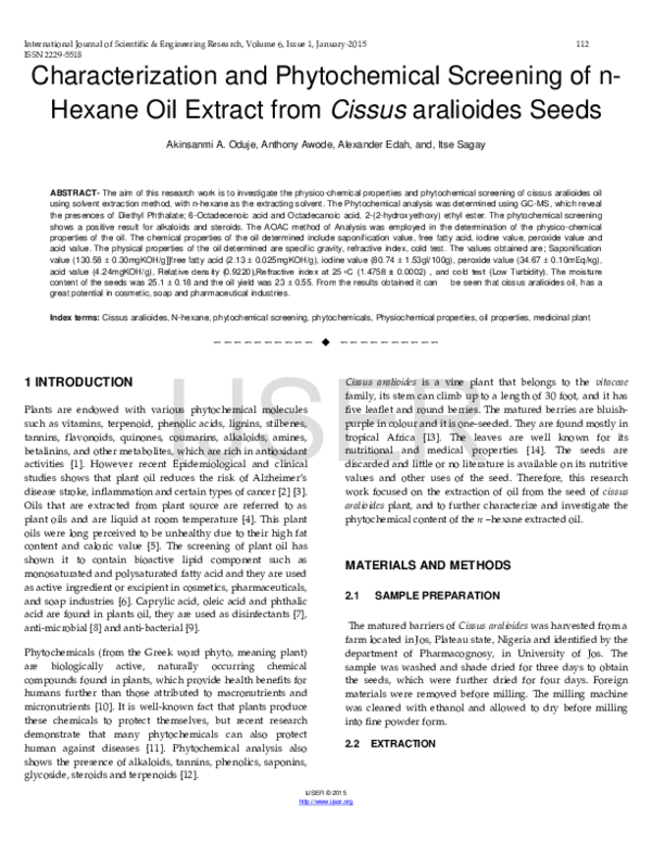 (PDF) Phytochemical and Physico-Chemical Analysis of Cissus aralioides Oil