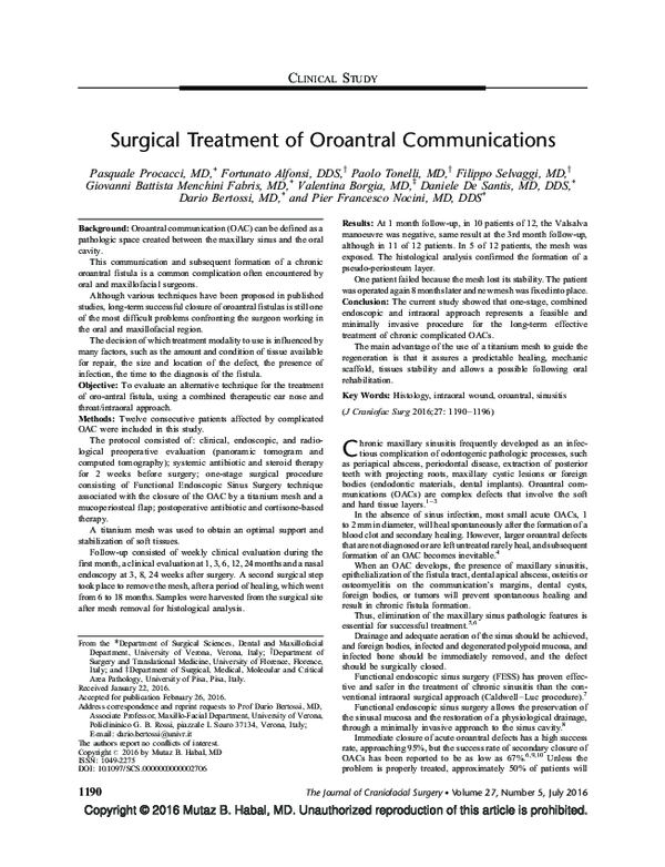 (PDF) Surgical Treatment of Oroantral Communications