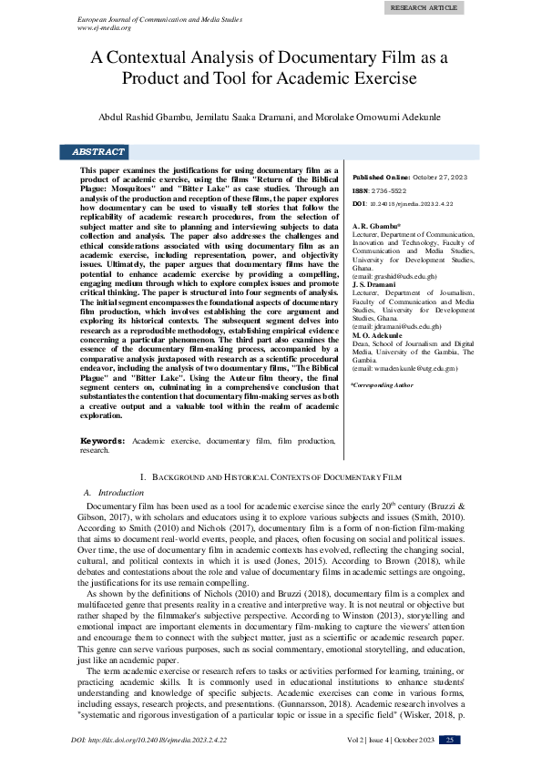 (PDF) A Contextual Analysis of Documentary Film as a Product and Tool ...