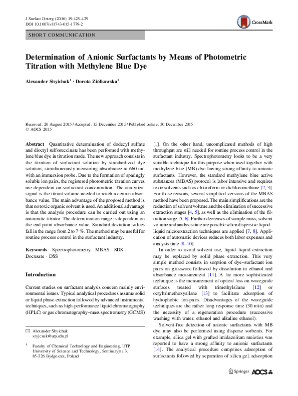 (PDF) Determination of Anionic Surfactants by Means of Photometric ...