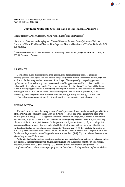 (PDF) Cartilage: Multiscale Structure and Biomechanical Properties