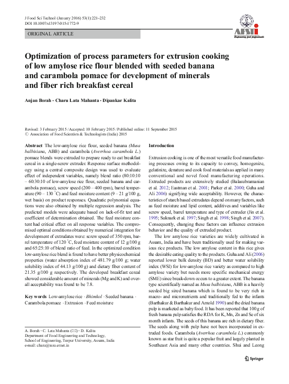 (PDF) Optimization of process parameters for extrusion cooking of low amylose rice flour blended ...