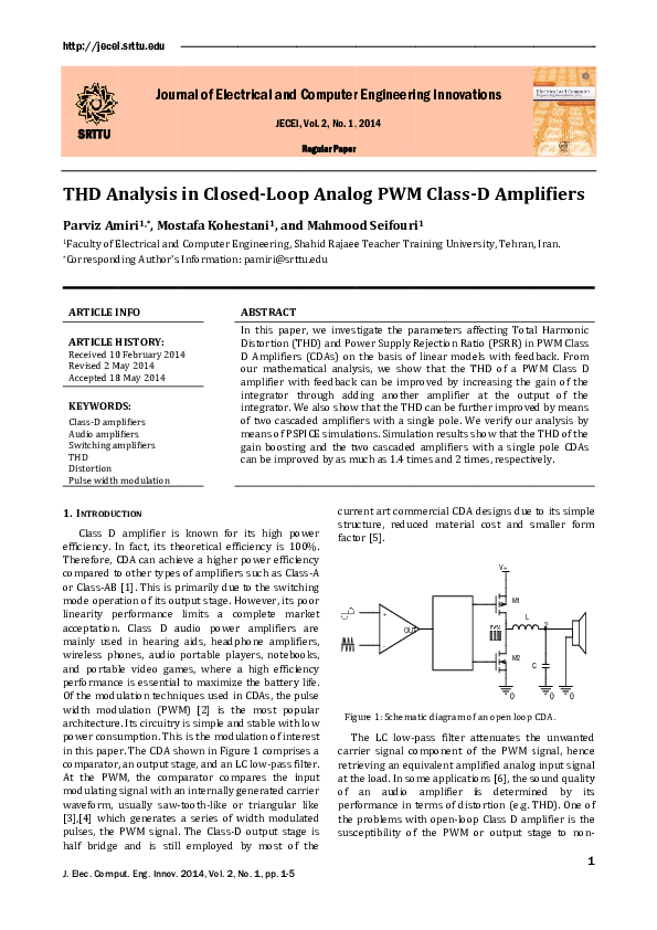 (PDF) THD Analysis in Closed-Loop Analog PWM Class-D Amplifiers