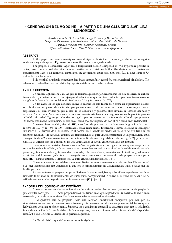 (PDF) Generación Del Modo HE11 a Partir De Una Guía Circular Lisa Monomodo