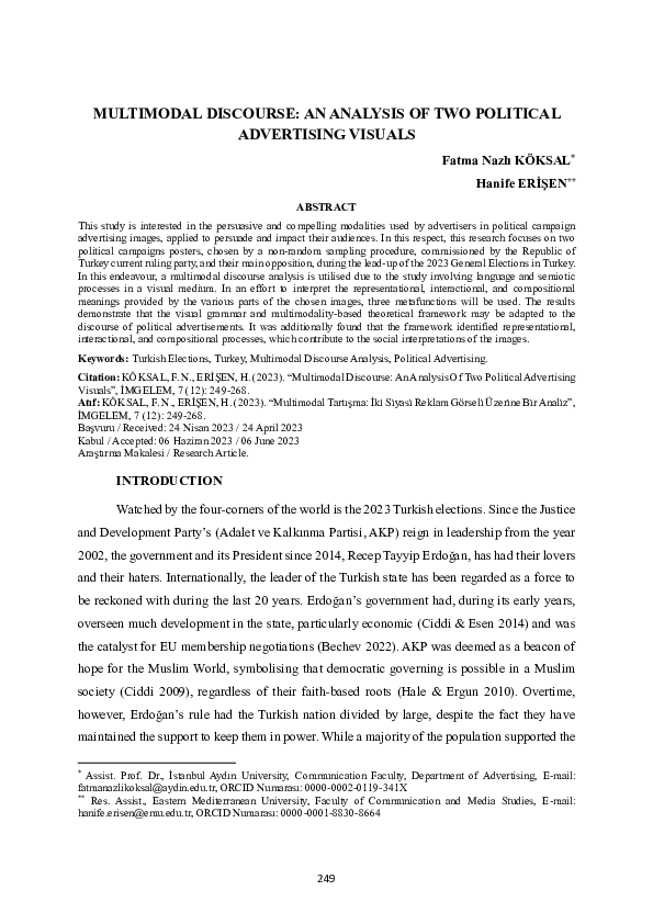 (PDF) MULTIMODAL DISCOURSE: AN ANALYSIS OF TWO POLITICAL ADVERTISING VISUALS