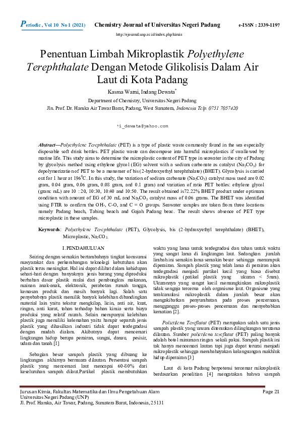 (PDF) Penentuan Limbah Mikroplastik Polyethylene Terephthalate (PET) dengan Metoda Glikolisis ...