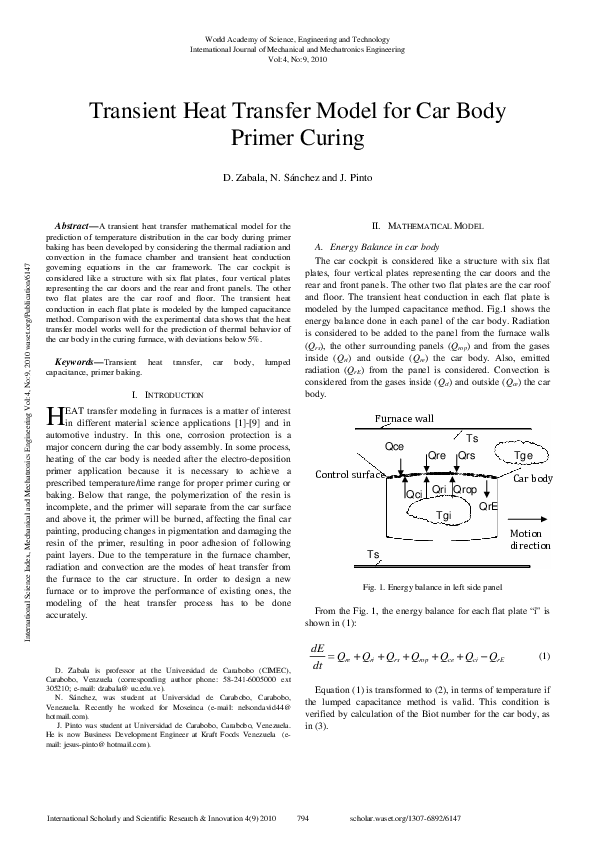 (PDF) Transient Heat Transfer Model for Car Body Primer Curing
