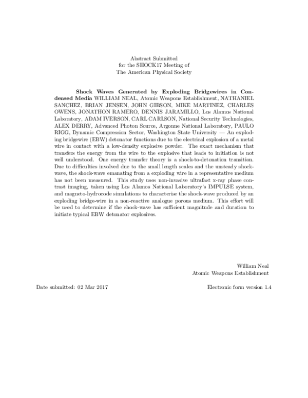 (PDF) Shock Waves Generated by Exploding Bridgewires in Condensed Media