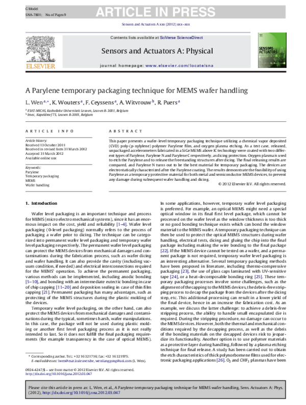 (PDF) A Parylene temporary packaging technique for MEMS wafer handling