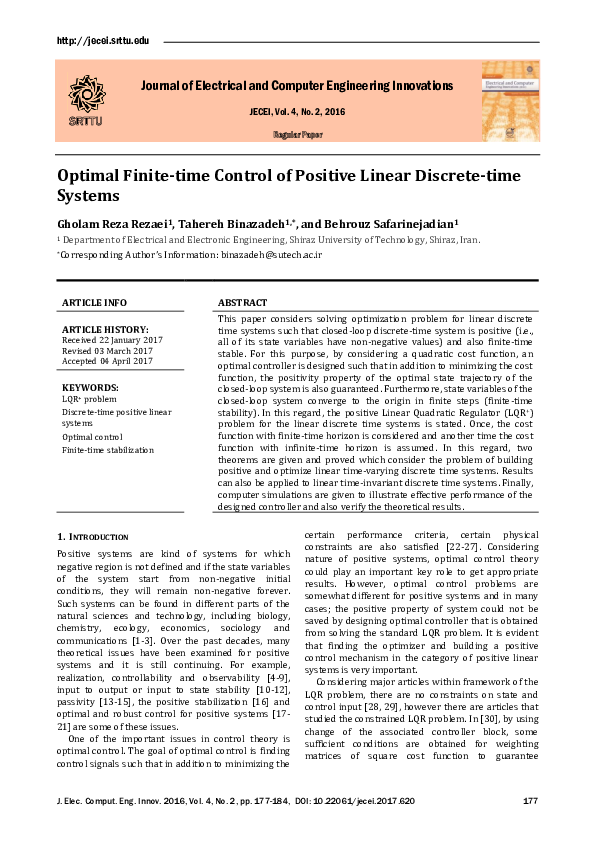 (PDF) Optimal Finite-time Control of Positive Linear Discrete-time Systems