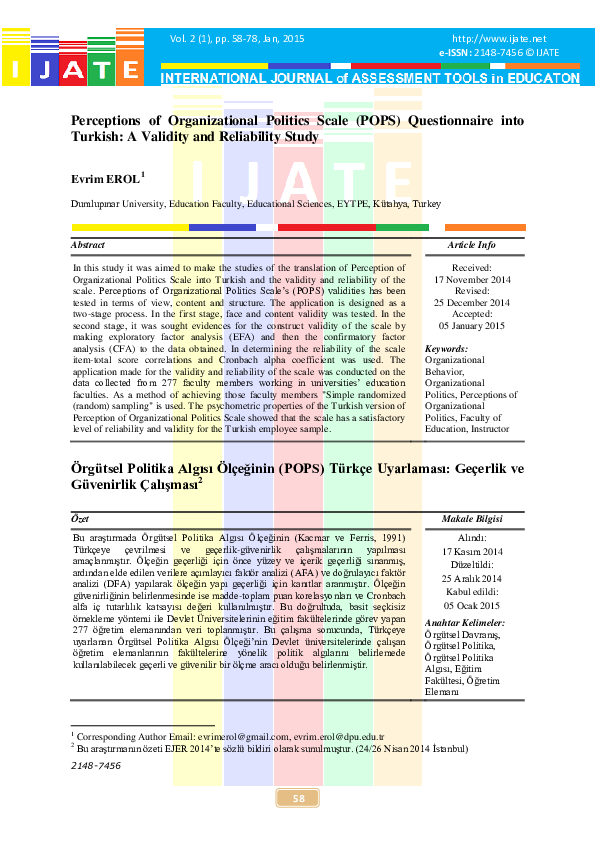 (PDF) Perceptions of Organizational Politics Scale (POPS) Questionnaire into Turkish: A Validity ...