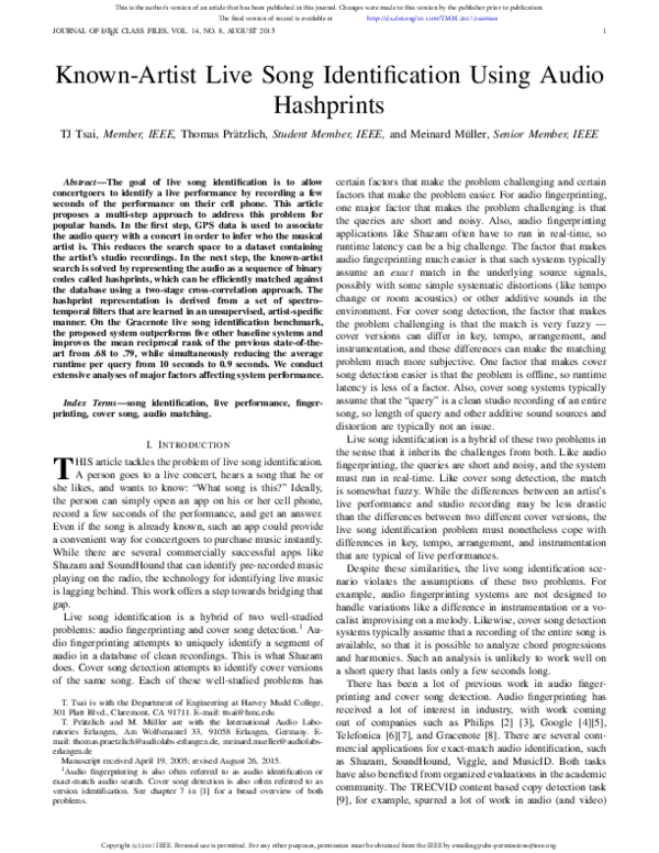 (PDF) Known-Artist Live Song Identification Using Audio Hashprints