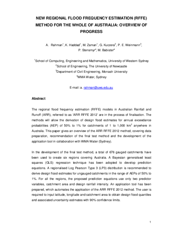 (PDF) New Regional Flood Frequency Estimation (Rffe) Method for the Whole of Australia: Overview ...