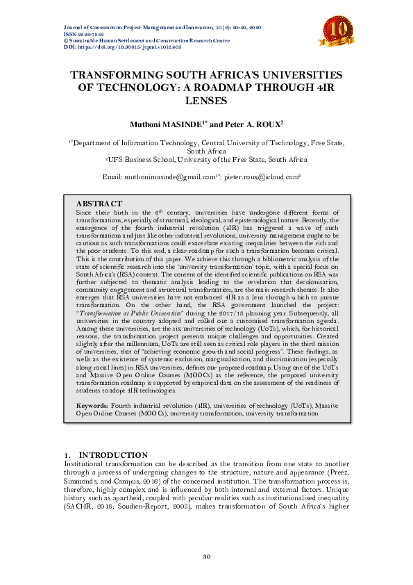 (PDF) Transforming South Africa’s Universities of Technology: A Roadmap ...