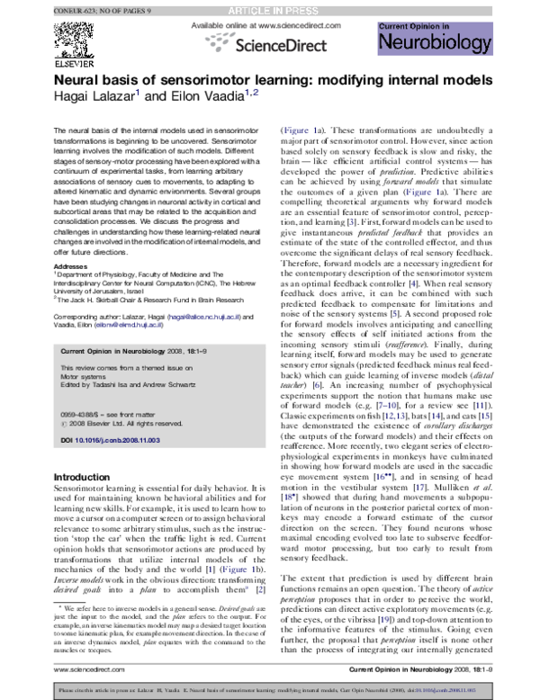 (PDF) Neural basis of sensorimotor learning: modifying internal models
