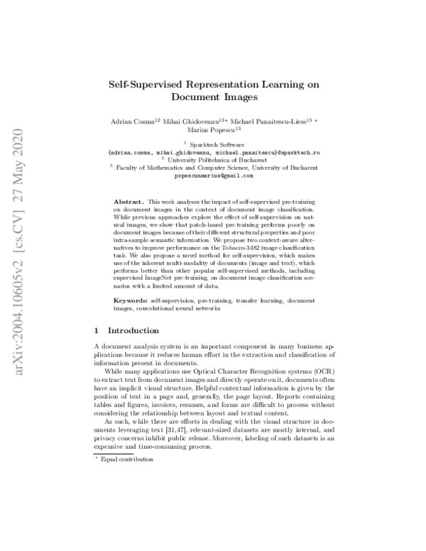 (PDF) Self-Supervised Representation Learning on Document Images