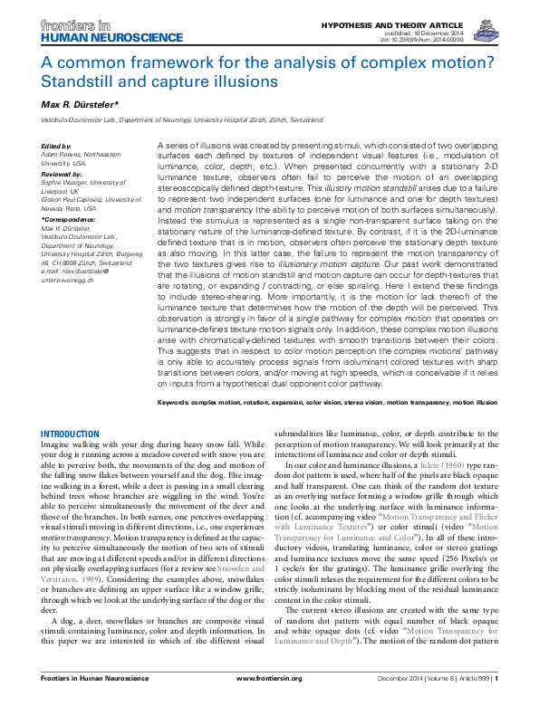 (PDF) A common framework for the analysis of complex motion? Standstill and capture illusions