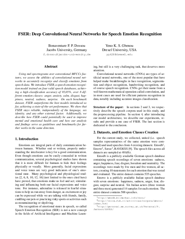 (PDF) FSER: Deep Convolutional Neural Networks for Speech Emotion Recognition