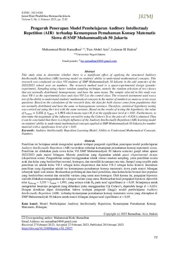 (PDF) Pengaruh Penerapan Model Pembelajaran Auditory Intellectualy Repetition (AIR) Terhadap ...