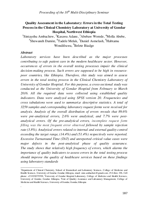 Pdf Quality Assessment In The Laboratory Errors In The Total Testing Process In The Clinical