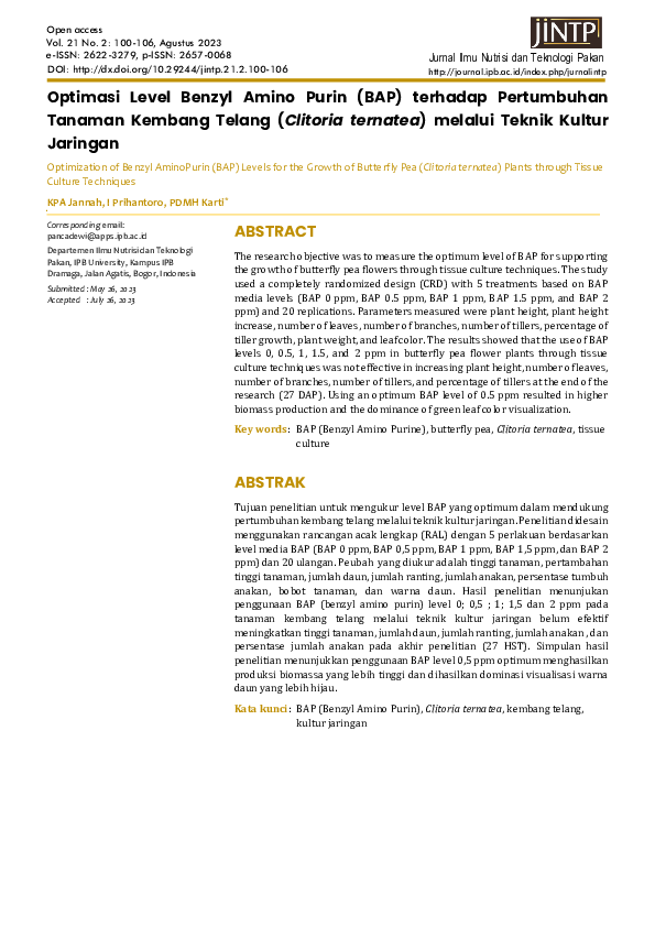 (PDF) Optimasi Level Benzyl Amino Purin (BAP) terhadap Pertumbuhan Tanaman Kembang Telang ...