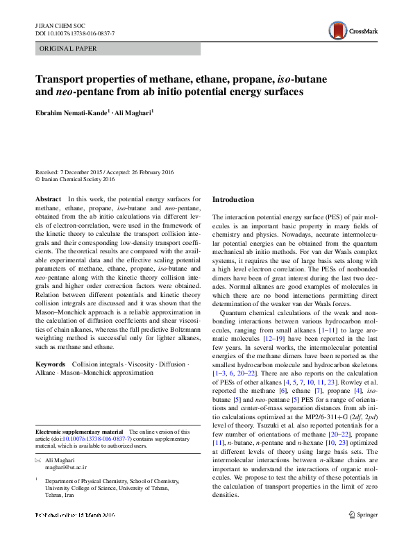 (PDF) Transport properties of methane, ethane, propane, iso-butane and ...