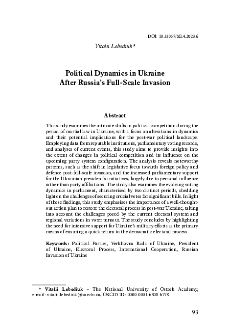 (PDF) Political Dynamics in Ukraine After Russia's Full-Scale Invasion