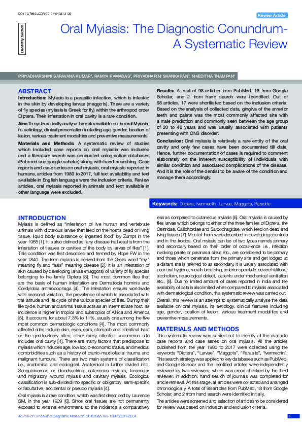 (PDF) Oral Myiasis: The Diagnostic Conundrum- A Systematic Review