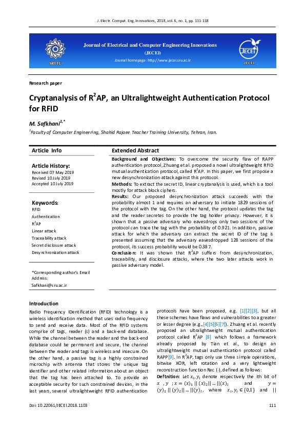 Pdf Cryptanalysis Of R 2 Ap An Ultralightweight Authentication Protocol For Rfid Journal Of