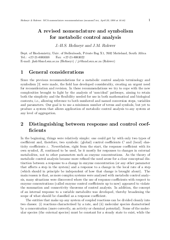 (PDF) A revised nomenclature and symbolism for metabolic control analysis