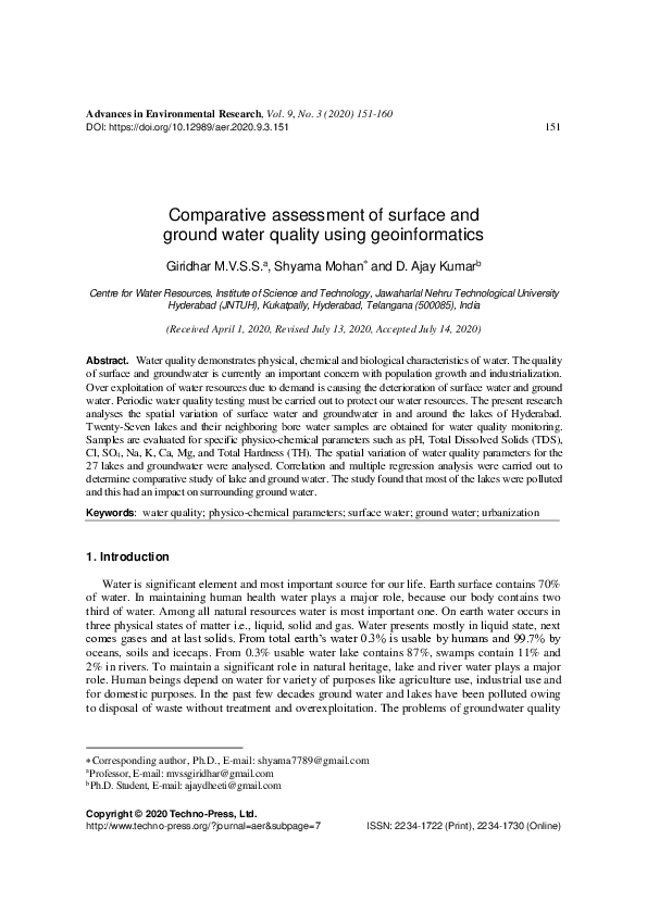 (PDF) Comparative assessment of surface and ground water quality using ...