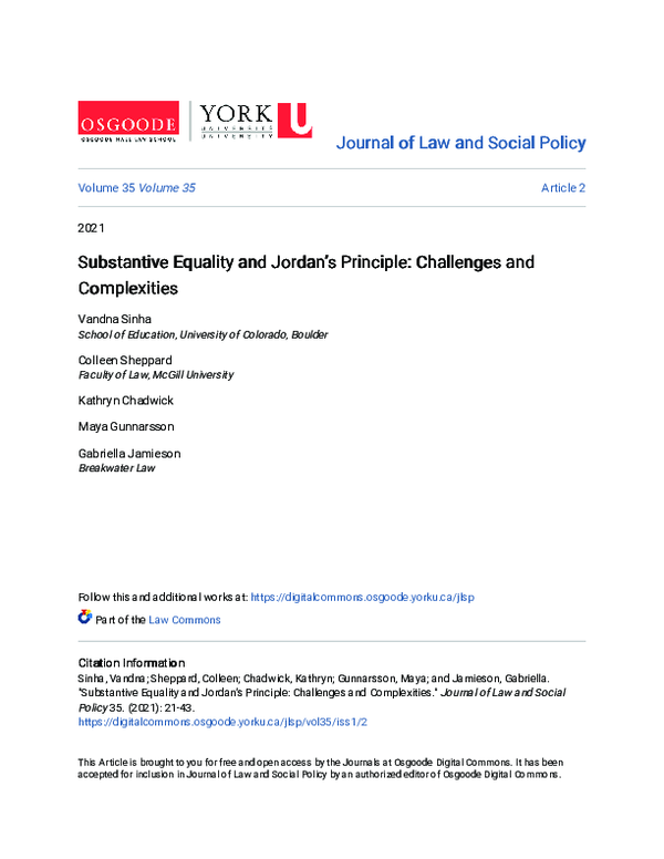 (PDF) Substantive Equality and Jordan’s Principle: Challenges and ...