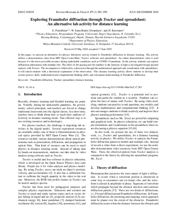 (PDF) Exploring Fraunhofer diffraction through Tracker and spreadsheet ...