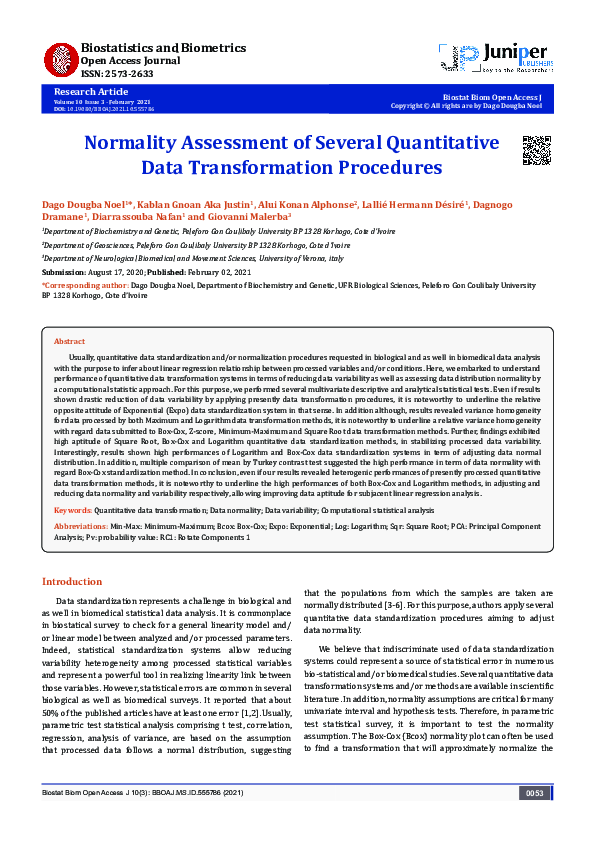 (PDF) Normality Assessment of Several Quantitative Data Transformation Procedures