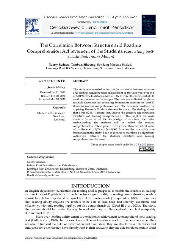 (PDF) The Correlation Between Structure and Reading Comprehension Achievement of the Students ...