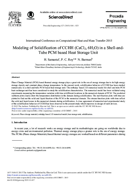 (PDF) Modeling of Solidification of CCHH (CaCl2, 6H2O) in a Shell-and ...