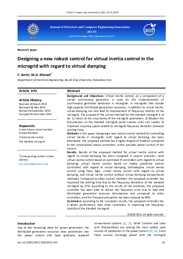 (PDF) Designing a new robust control for virtual inertia control in the microgrid with regard to ...