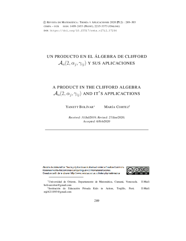 (PDF) UN PRODUCTO EN EL ÁLGEBRA DE CLIFFORD An(2, αj , γij) Y SUS ...