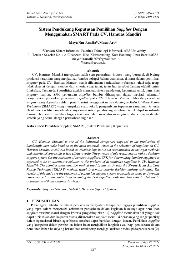 (PDF) Sistem Pendukung Keputusan Pemilihan Supplier Dengan Menggunakan SMART Pada CV. Hamuas Mandiri