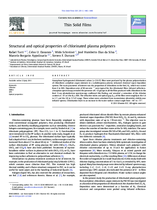 (PDF) Structural and optical properties of chlorinated plasma polymers