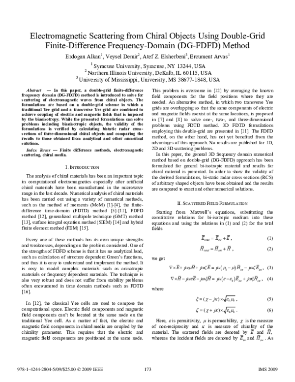 (PDF) Electromagnetic scattering from chiral objects using double-grid finite-difference ...