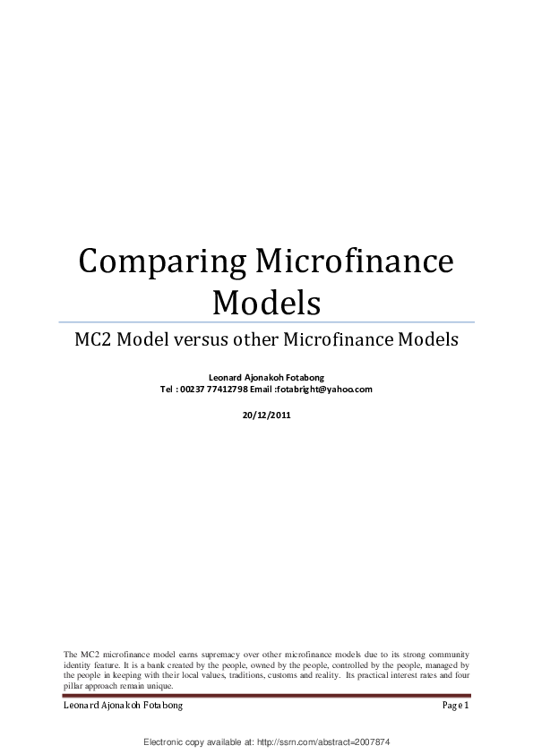 (PDF) Comparing Microfinance Models: MC2 Model versus Other ...