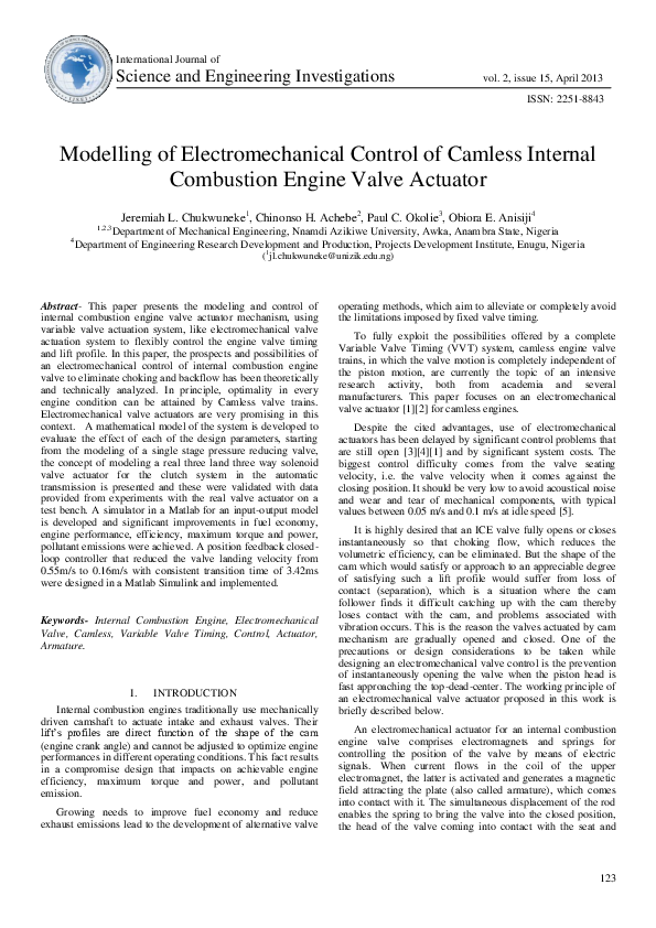 (PDF) Modelling of Electromechanical Control of Camless Internal Combustion Engine Valve Actuator