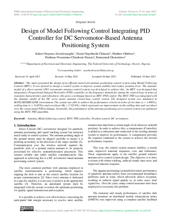 Pdf Design Of Model Following Control Integrating Pid Controller For Dc Servomotor Based