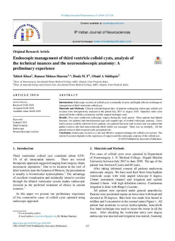 (PDF) Endoscopic management of third ventricle colloid cysts, analysis ...